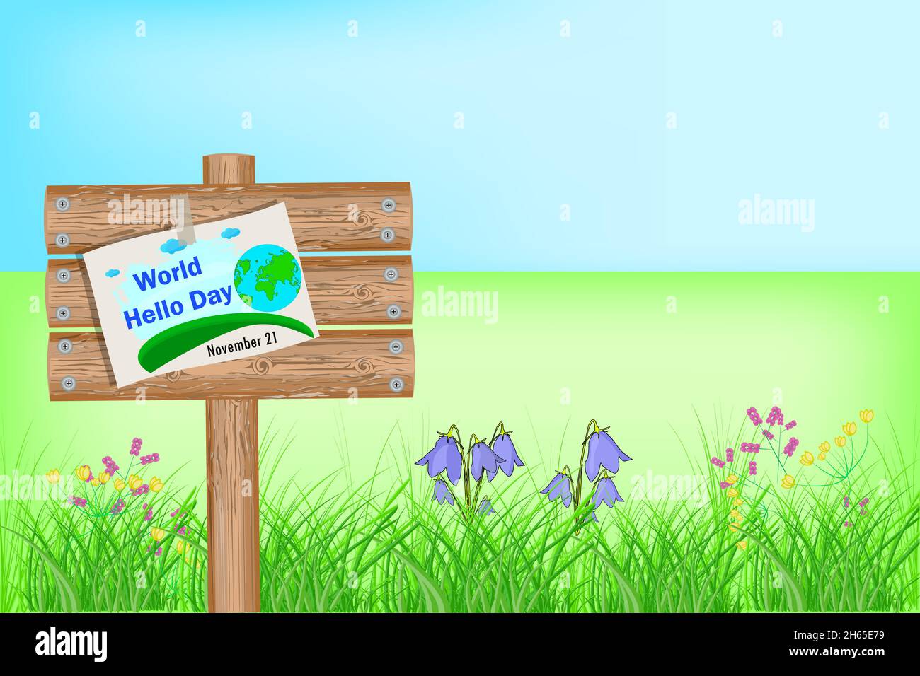 World hello day poster. Wooden border with message on meadow and sky ...