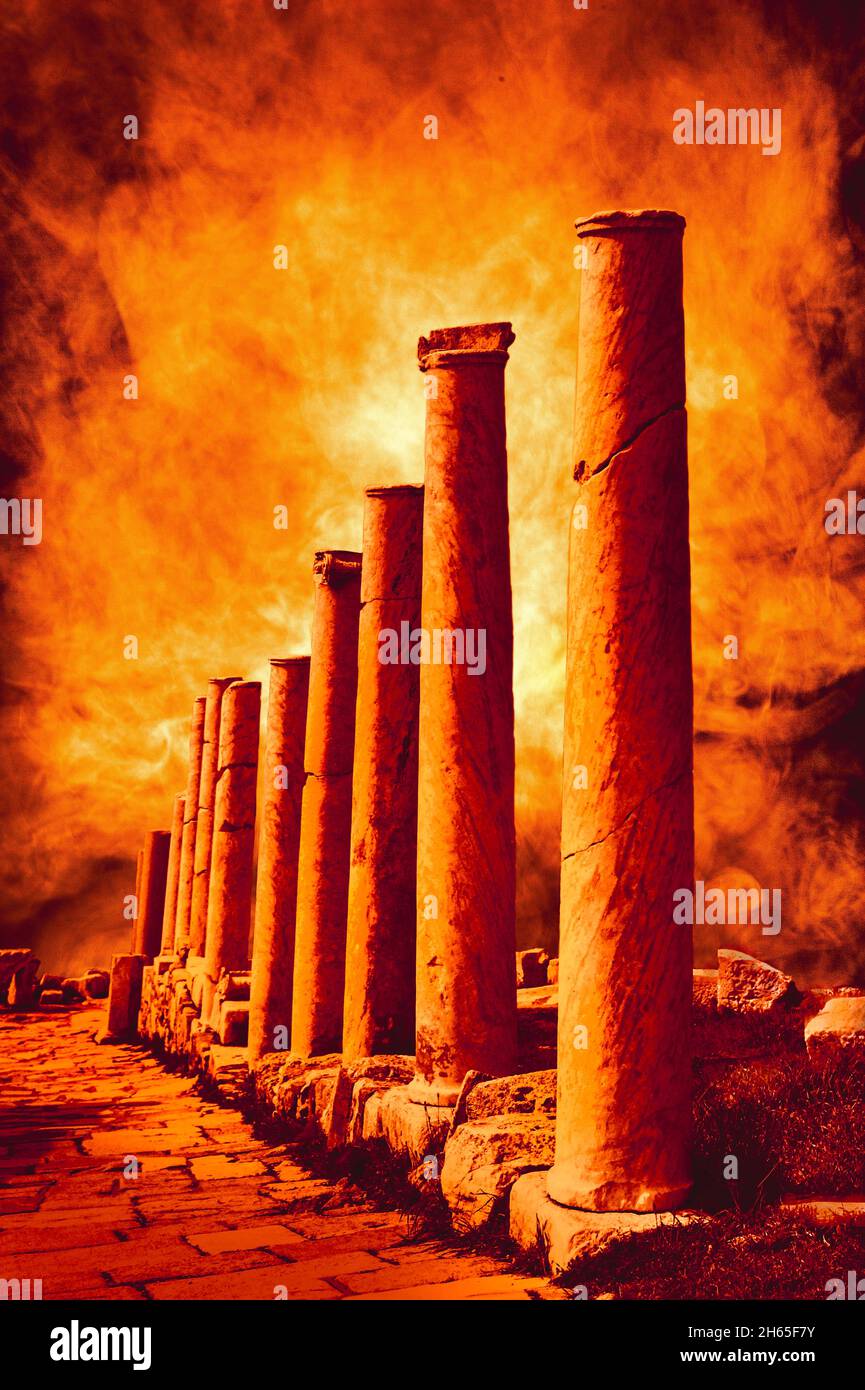 Ancient Greek ruins on a fire and smoke background Stock Photo - Alamy