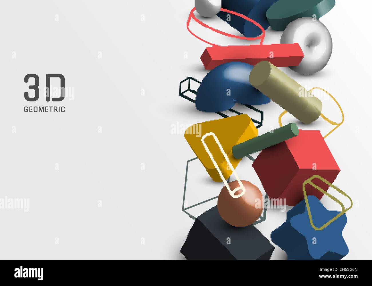 Set of abstract 3D geometric elements with shadow and outlines graphic ...