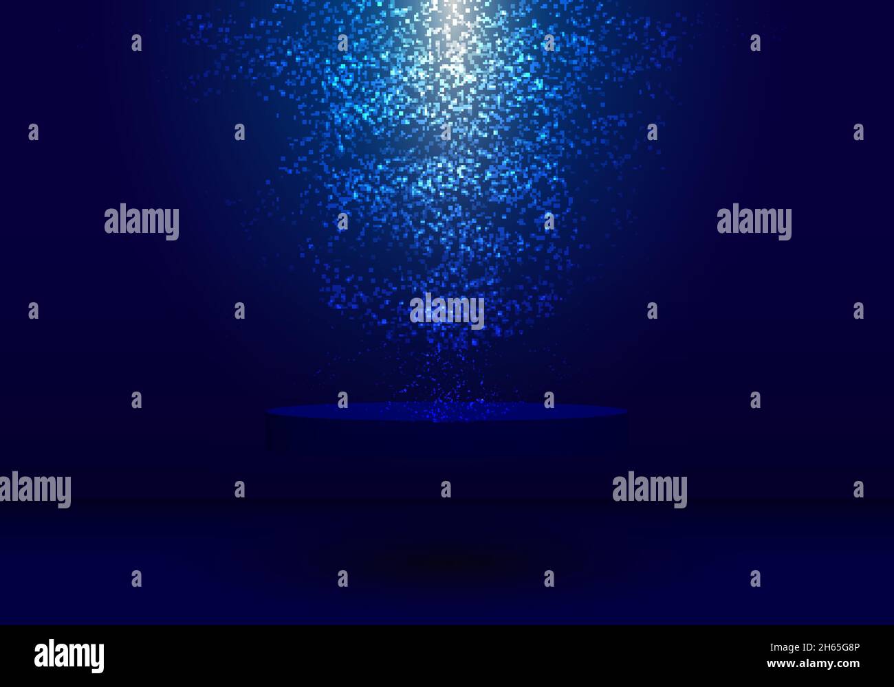 3D studio room blue pedestal floating on air and dust lighting on dark ...