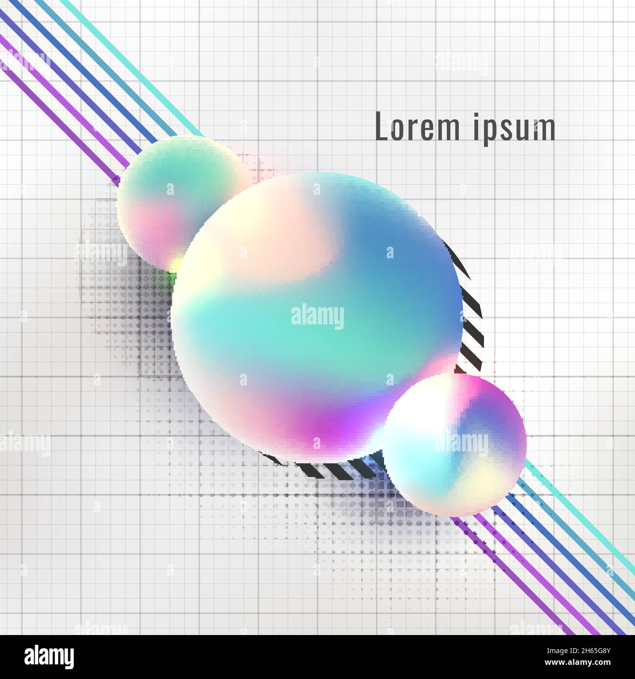 Abstract 3D sphere liquid bubbles elements with line graphic on grid ...