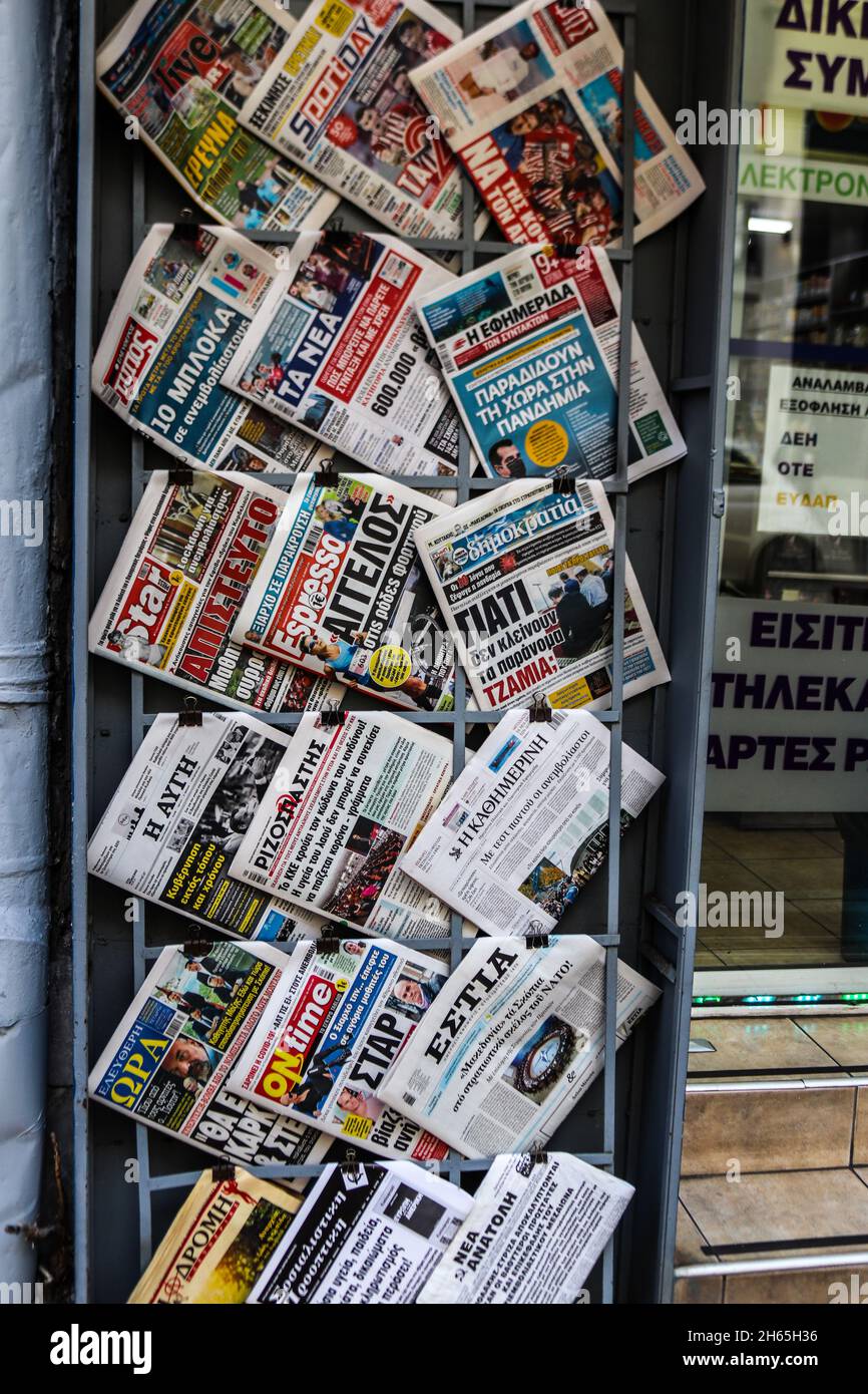 Athens, Greece - November 08, 2021 Closeup of Greek newspapers sold in ...
