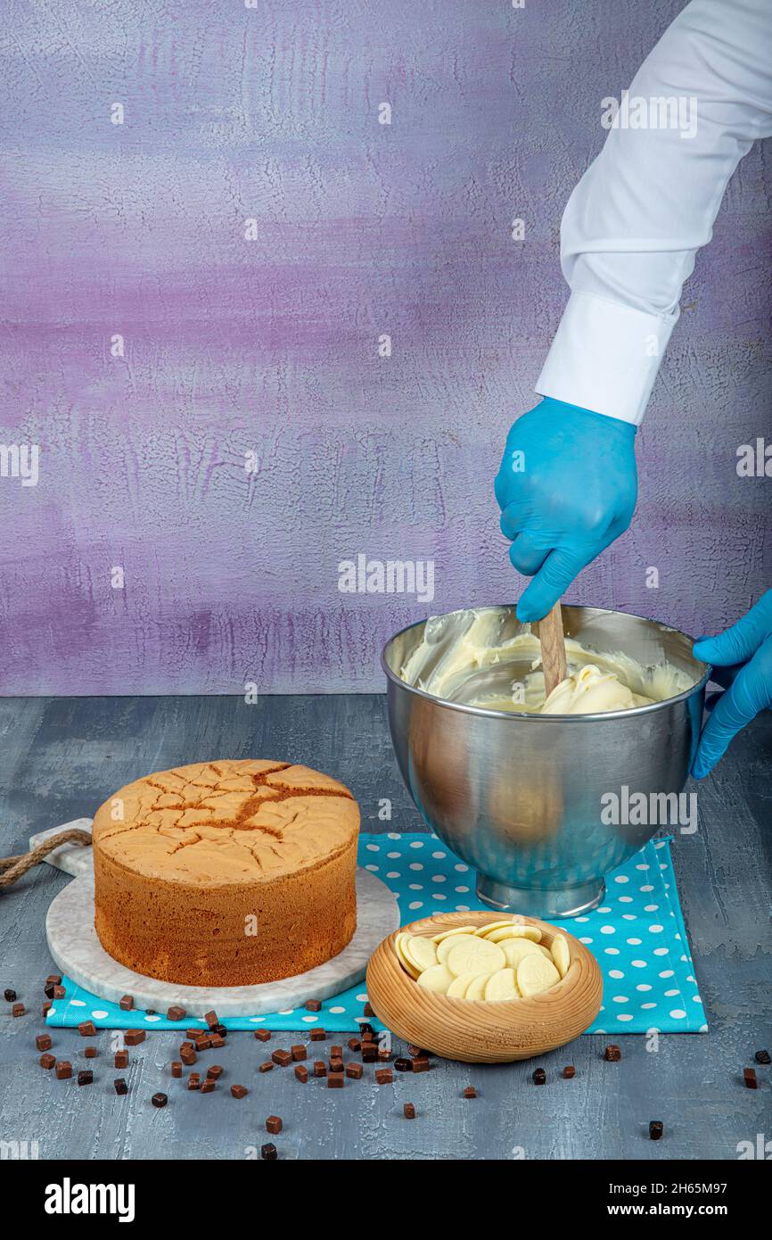 Making Cake. Making of a cream for home-made cakes on a mixer. Making ...