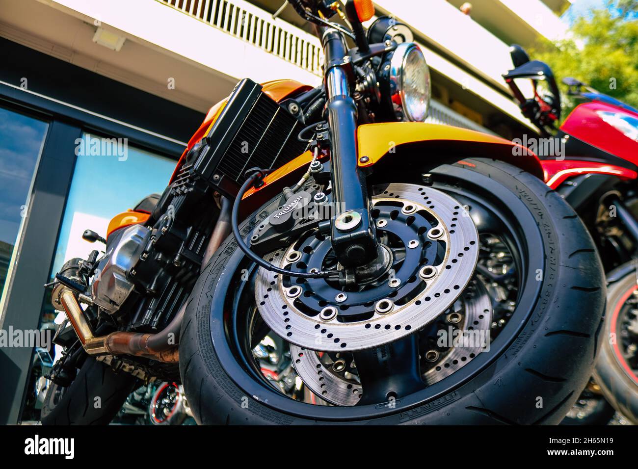 Athens, Greece - November 10, 2021 Triumph motorcycles parked in front ...