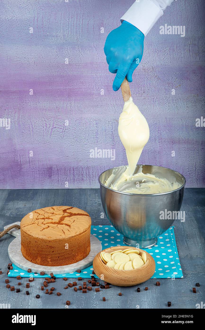 Making Cake. Making of a cream for home-made cakes on a mixer. Making ...