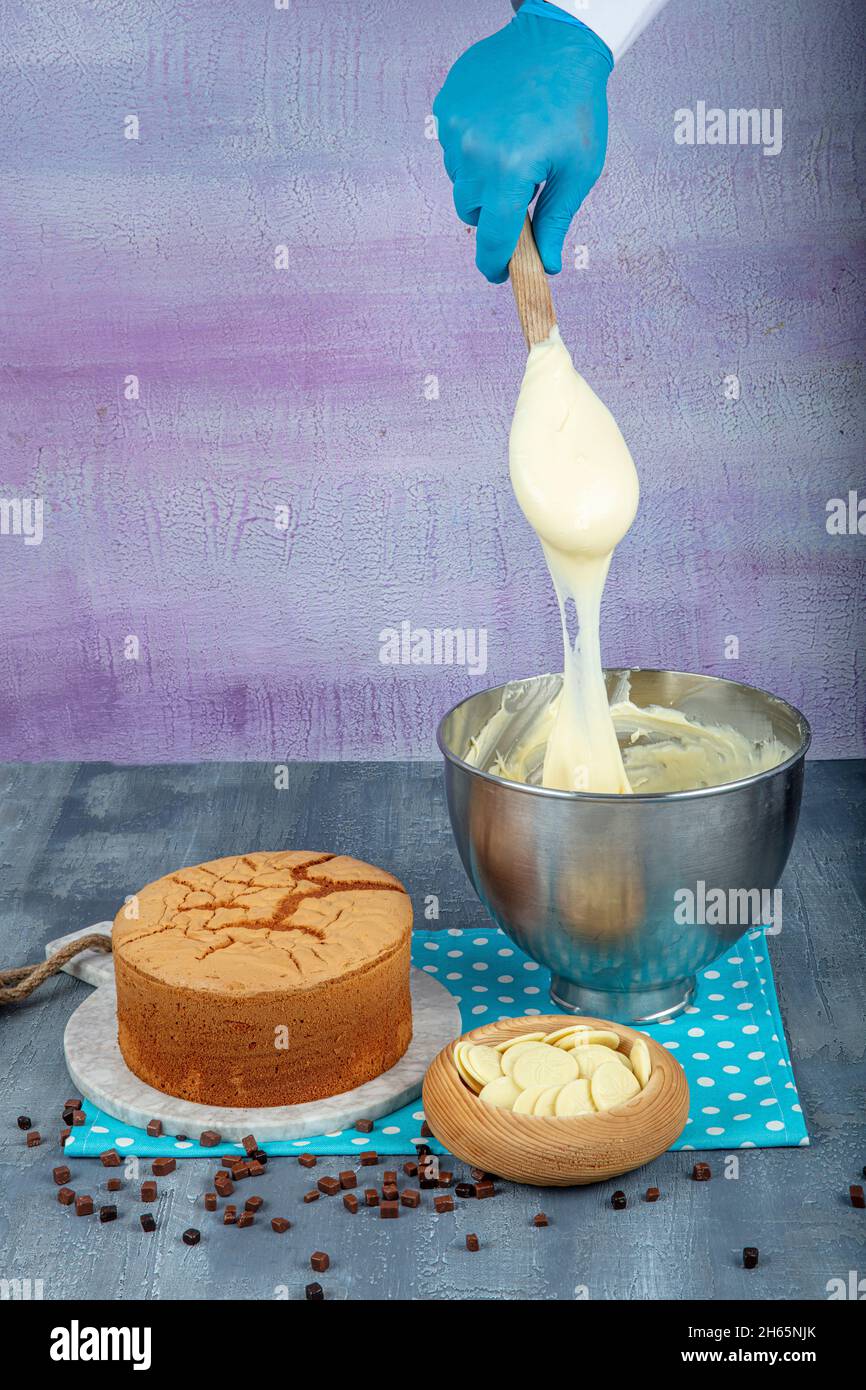 Making Cake. Making of a cream for home-made cakes on a mixer. Making ...