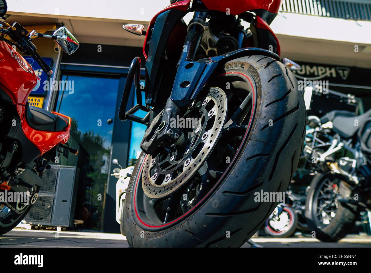 Athens, Greece - November 10, 2021 Triumph motorcycles parked in front ...