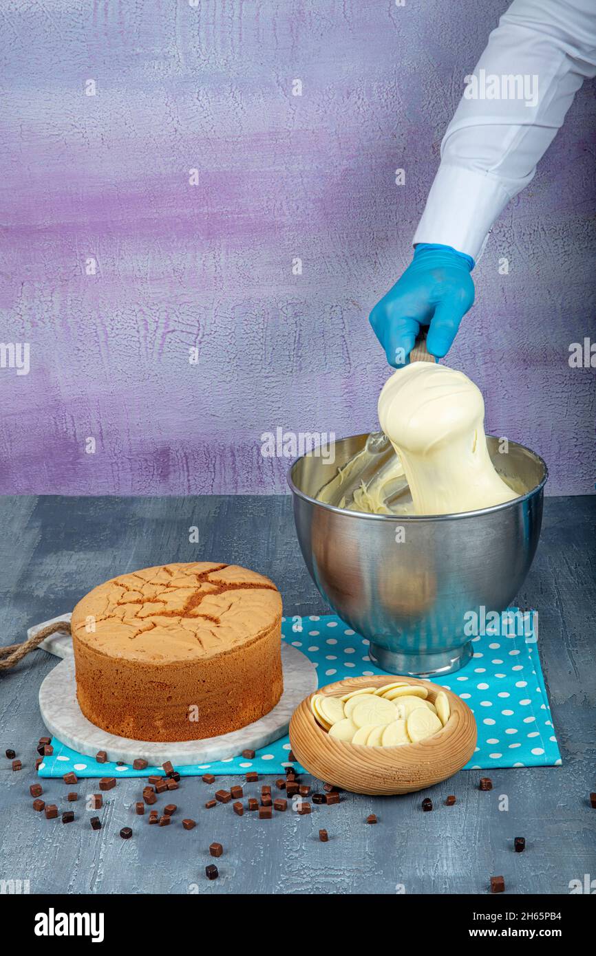 Making Cake. Making of a cream for home-made cakes on a mixer. Making ...