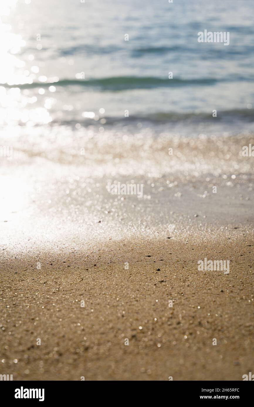 Shallow depth of field on sand by sea shoreline with sun reflection ...