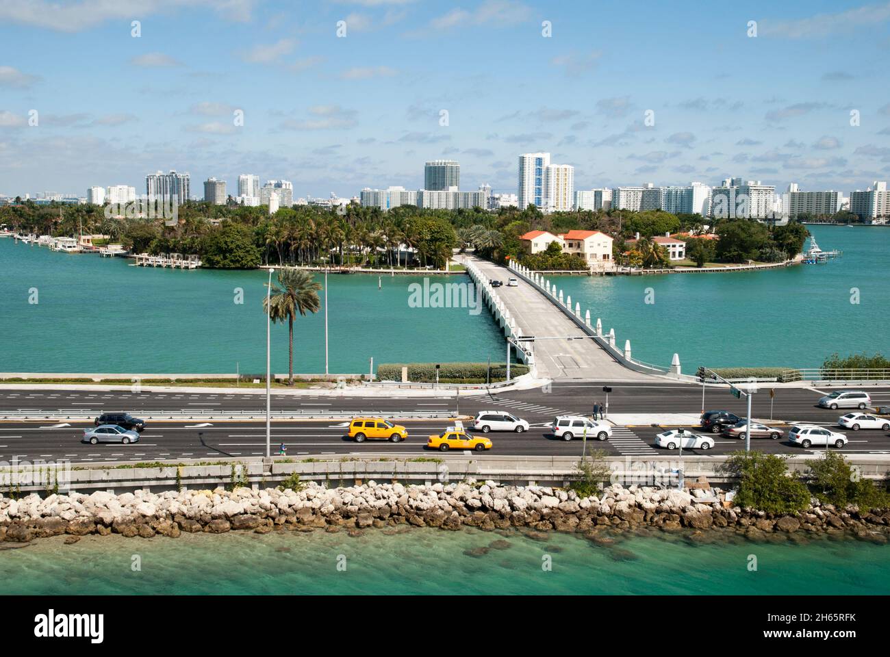 The aerial view of the entrance bridge to Miami luxury residential ...