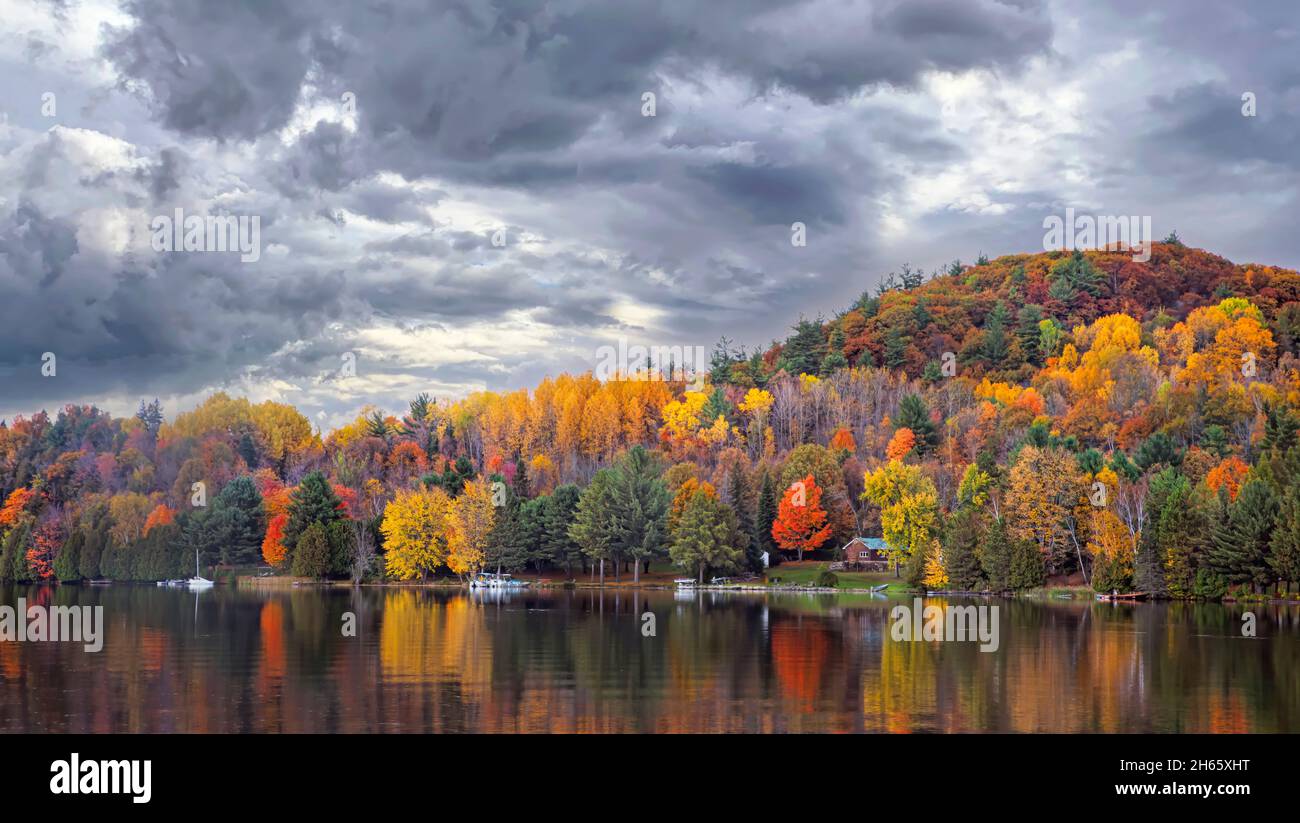 Cottages along the Gatineau river in autumn with beautiful coloured ...