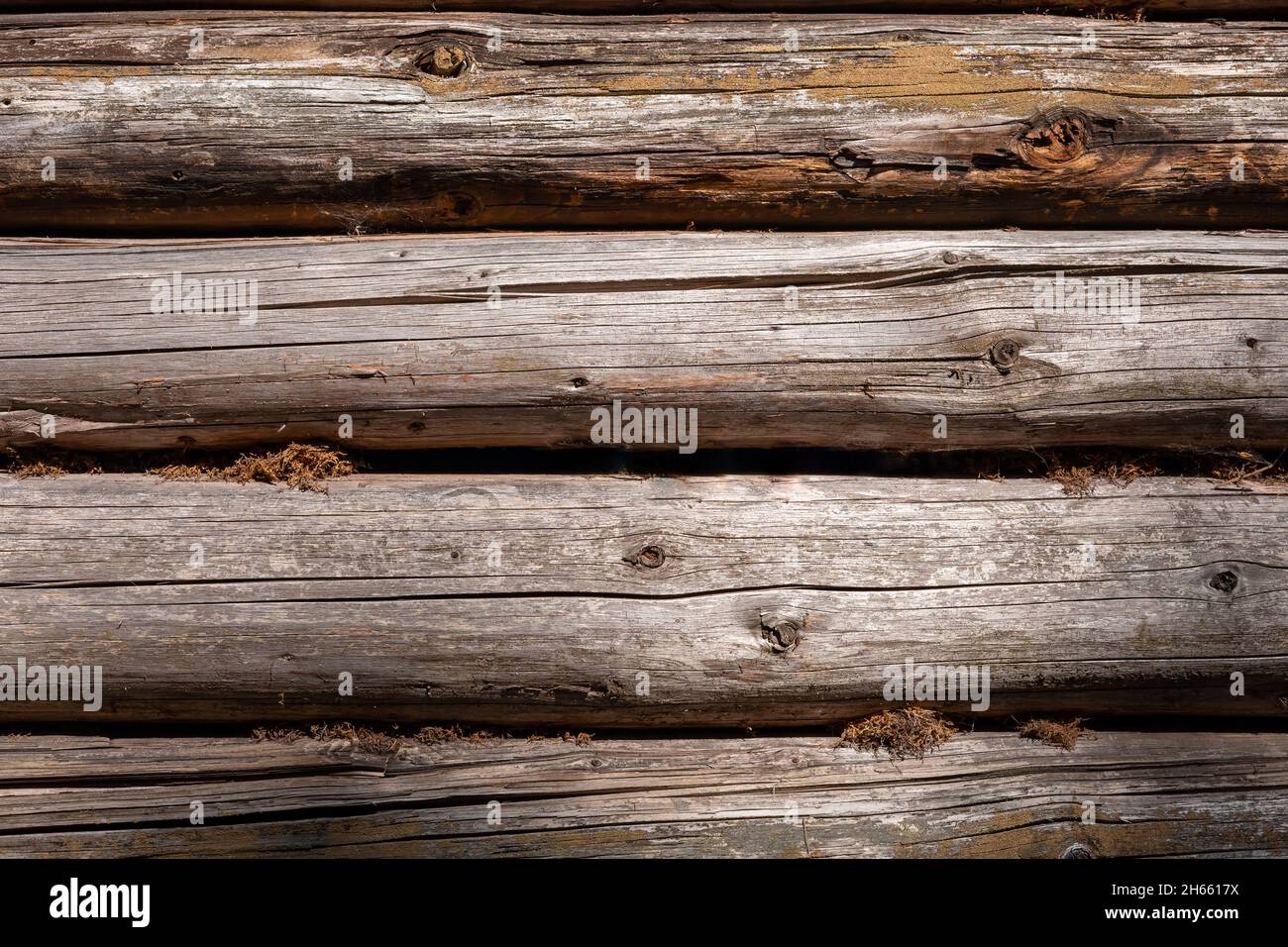 An old cottage wall, made of wooden logs. A background with copyspace ...