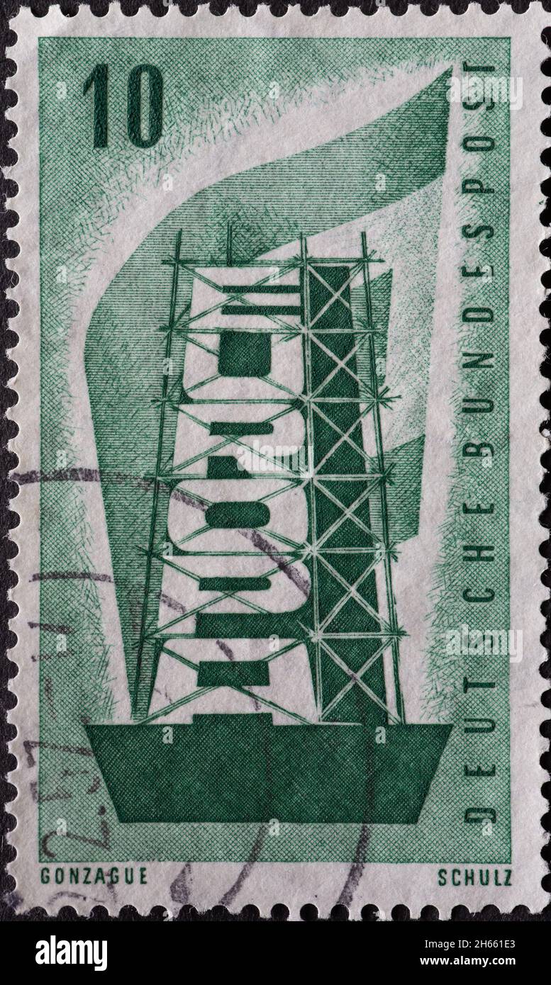 GERMANY - CIRCA 1956: This postage stamp in green shows the word Europe ...