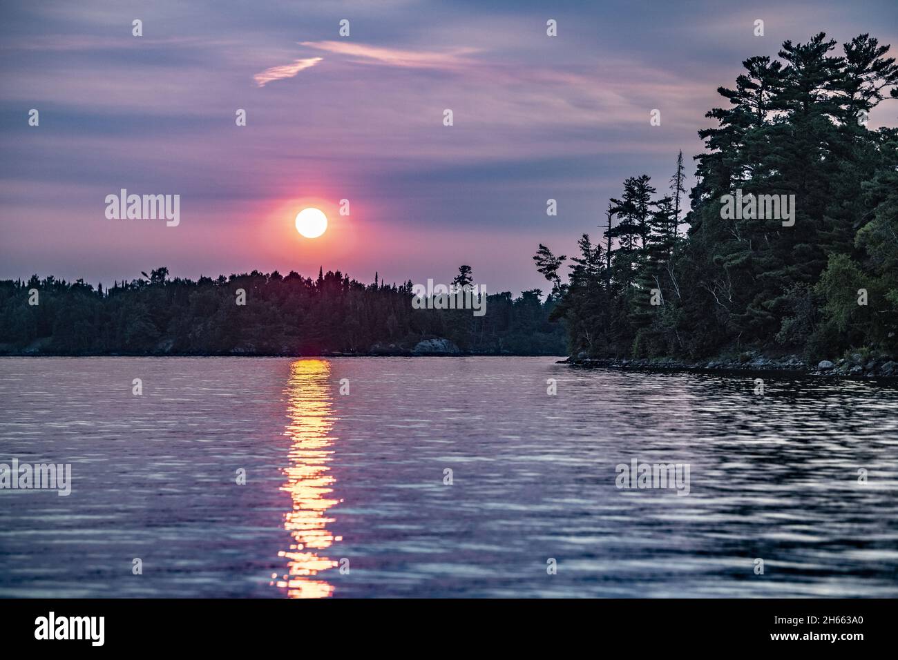 Beautiful view of a lake, pine trees on the sunset sky background Stock Photo - Alamy