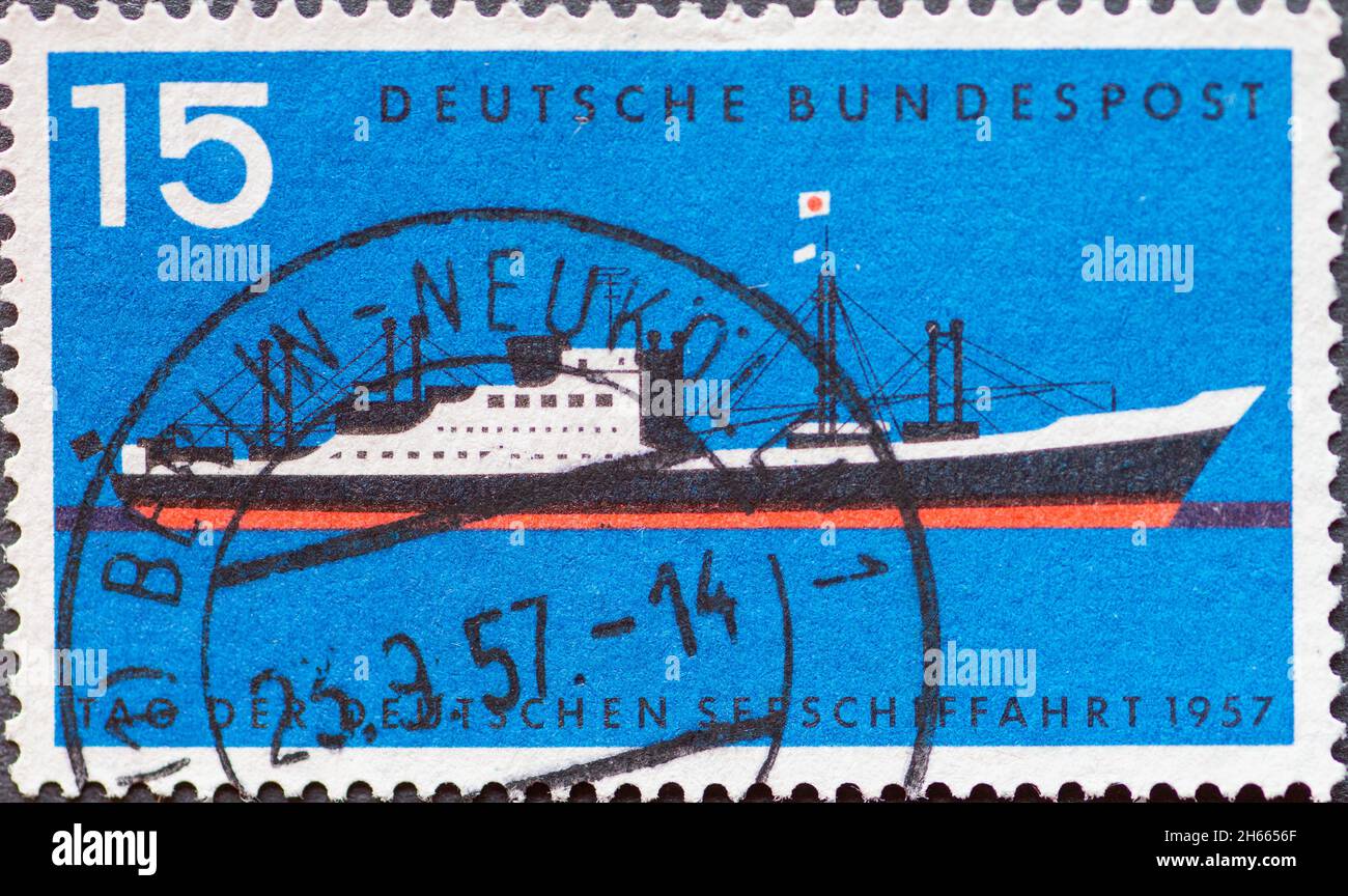GERMANY - CIRCA 1957: This postage stamp shows a sea cargo ship for ...