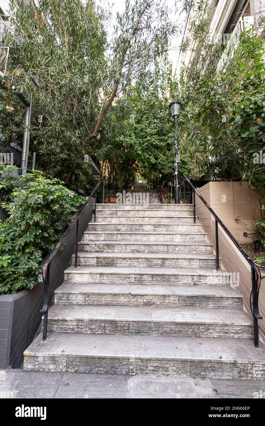 Athens, Greece. November 2021. the stairway to go up to the Lycabettus ...