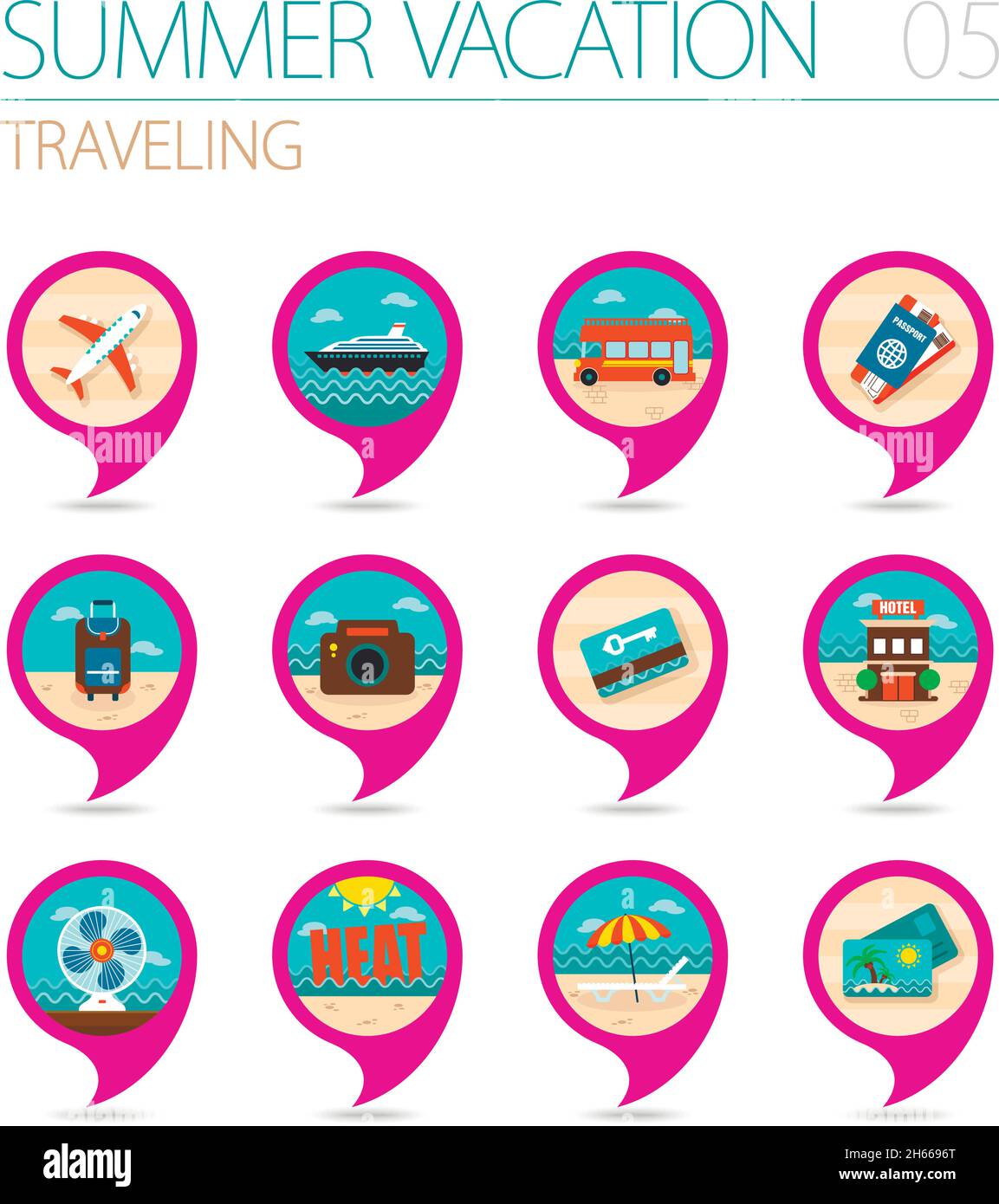 Traveling vector pin map icon set. Summer time Map pointer. Map markers ...