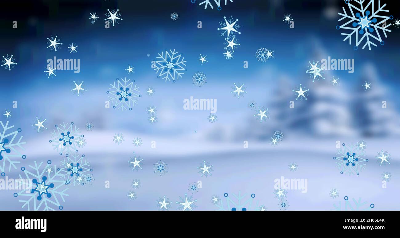 Image of christmas snowflakes falling in winter landscape Stock Photo ...