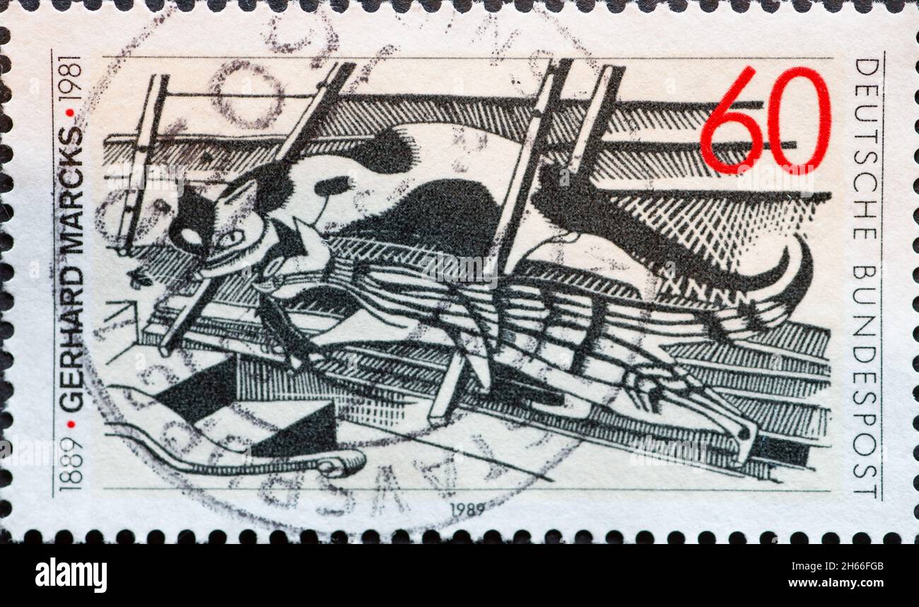 GERMANY - CIRC 1989: a postage stamp from Germany, showing a woodcut ...