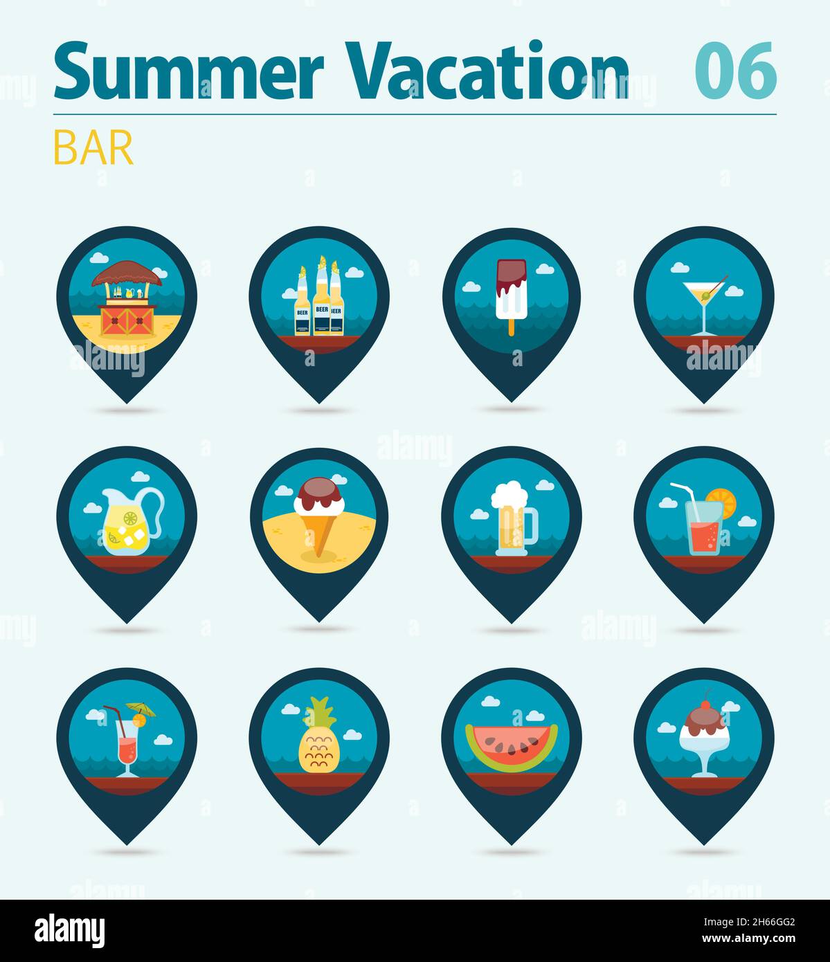 Bar beach vector pin map icon set. Summer time Map pointer. Map markers ...