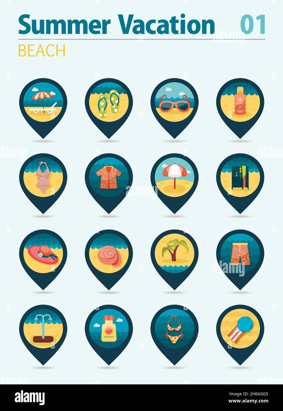 Beach vector pin map icon set. Summer time Map pointer. Map markers ...