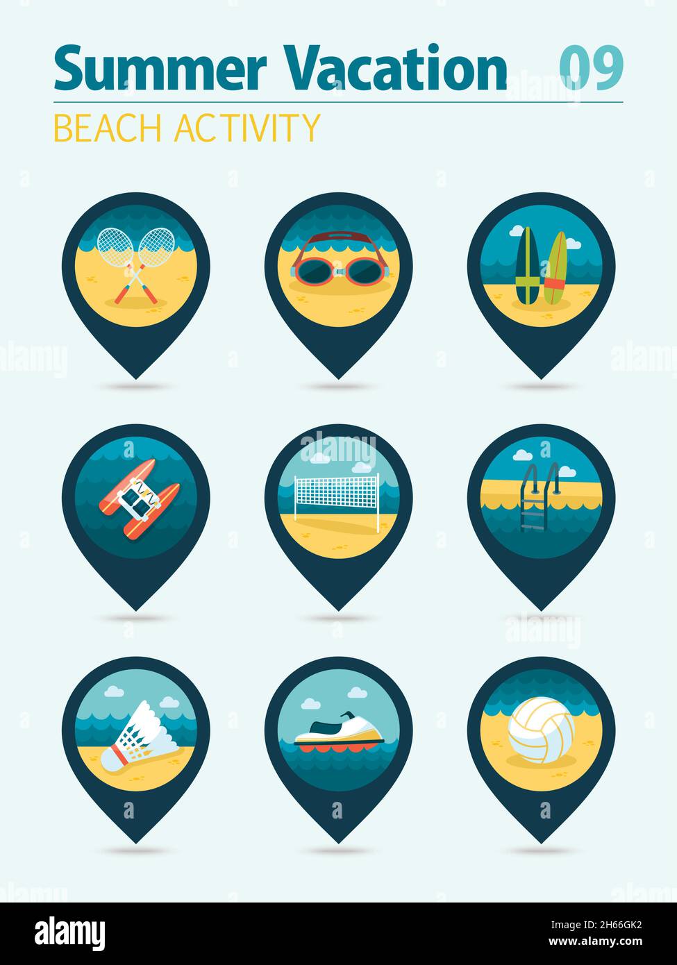 Beach activity vector pin map icon set. Summer time Map pointer. Map ...