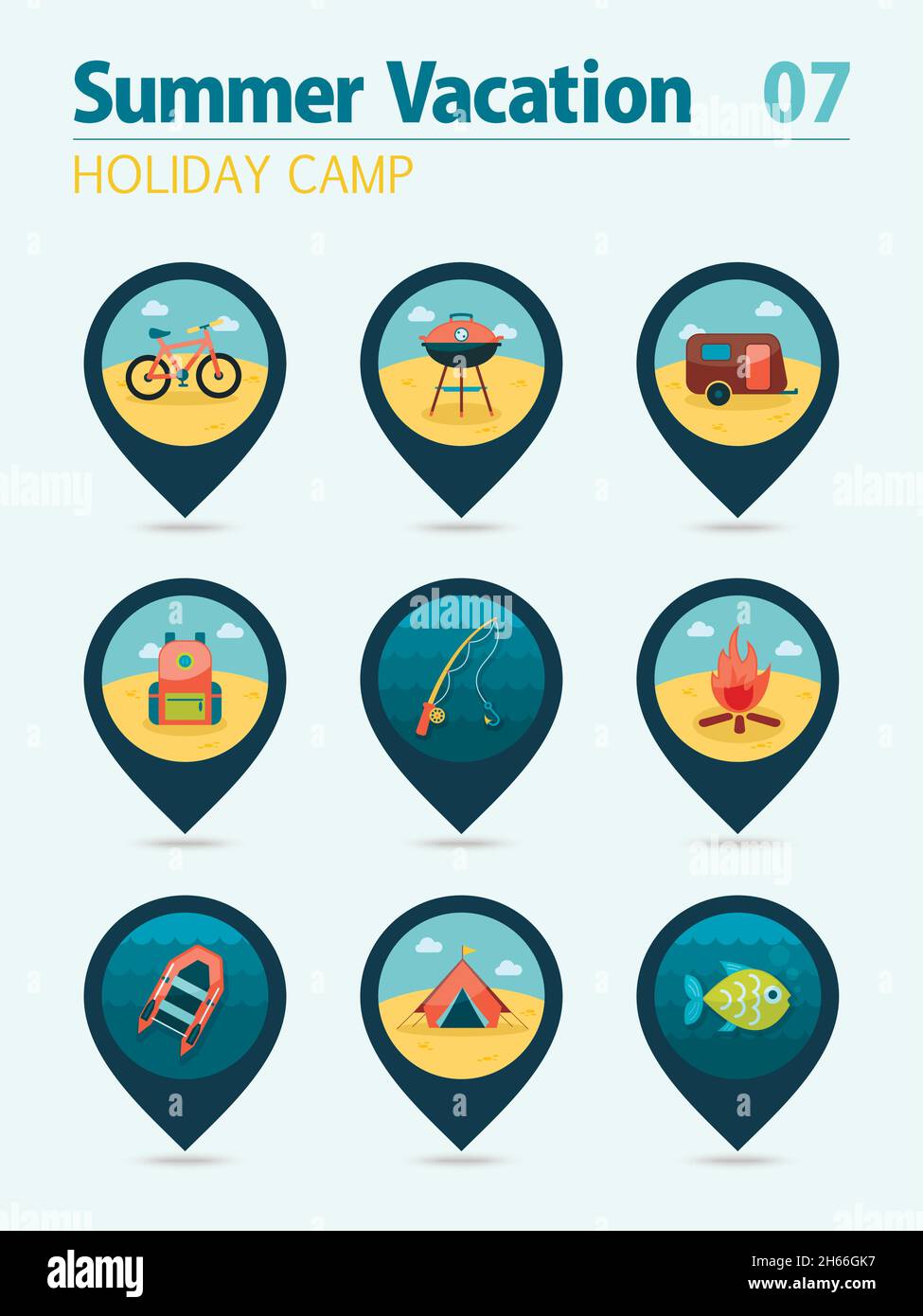 Summer camping vector pin map icon set. Summer time Map pointer. Map ...