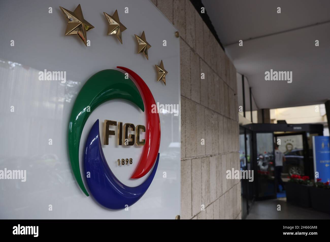 Rome, Italy, 12th November 2021. The FIGC logo is sen on the facade of ...