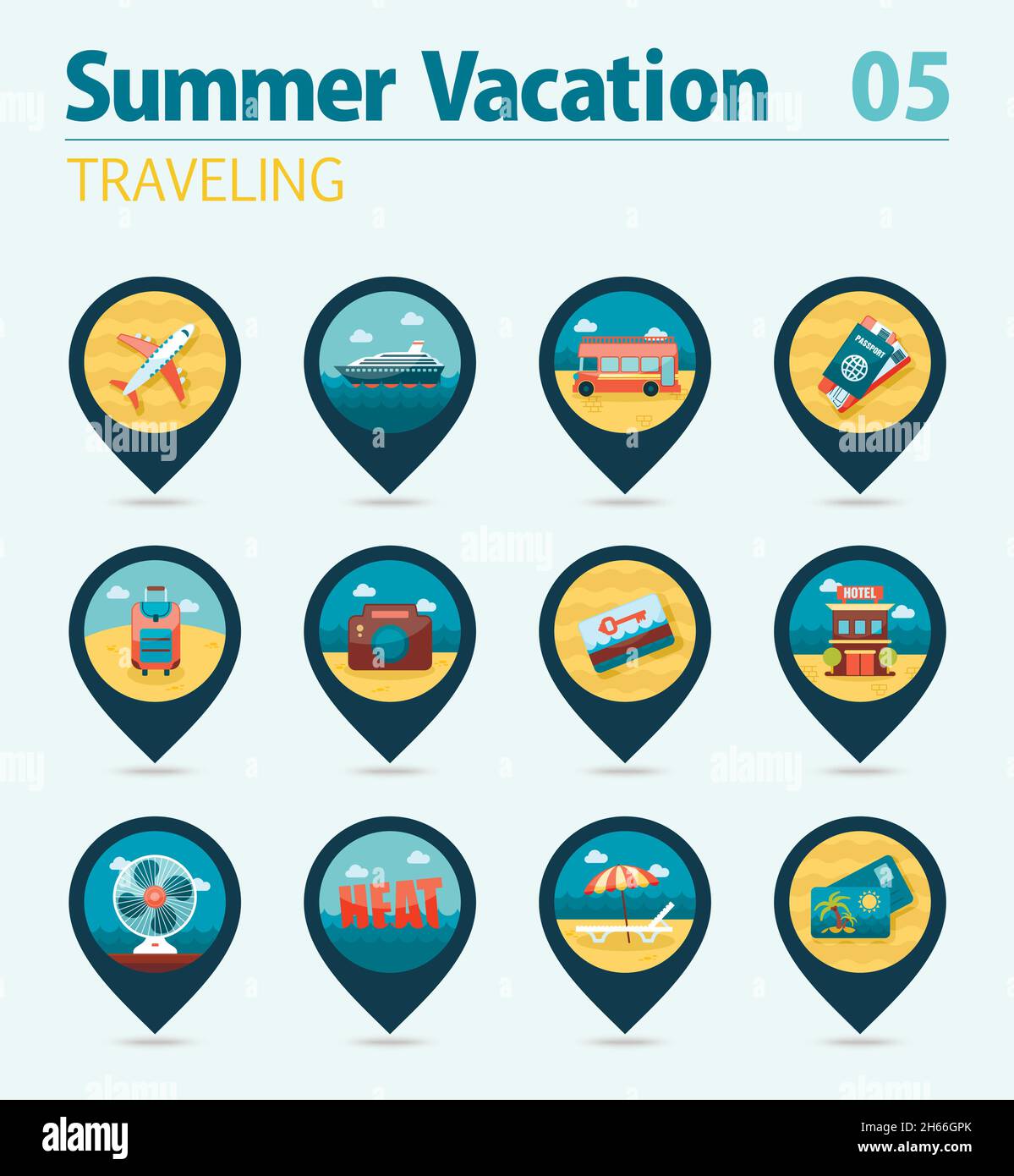 Traveling vector pin map icon set. Summer time Map pointer. Map markers ...
