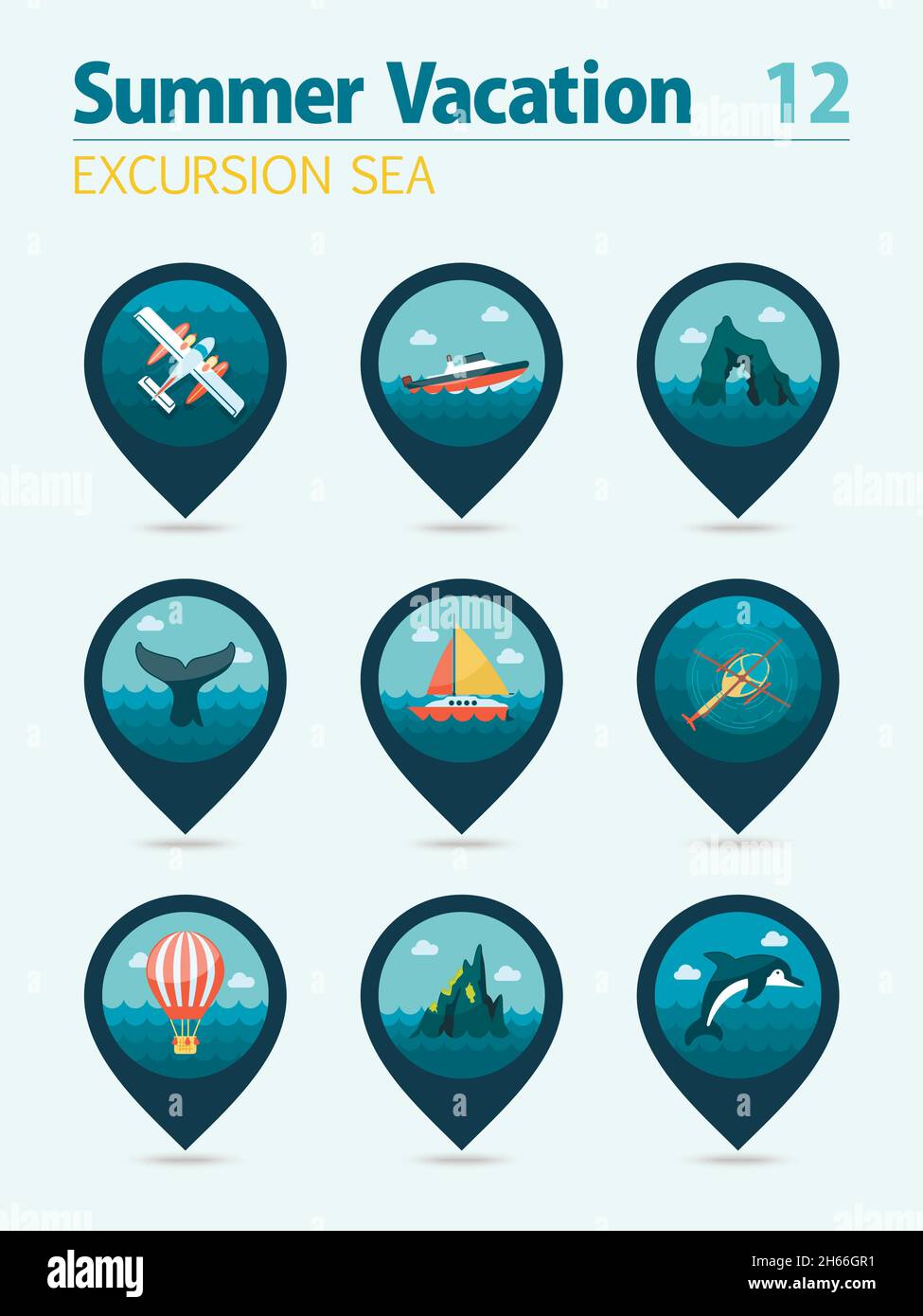 Excursion sea vector pin map icon set. Summer time Map pointer. Map ...