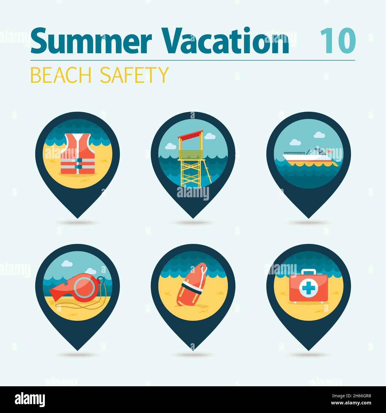 Lifeguard beach safety vector pin map icon set. Summer time Map pointer ...