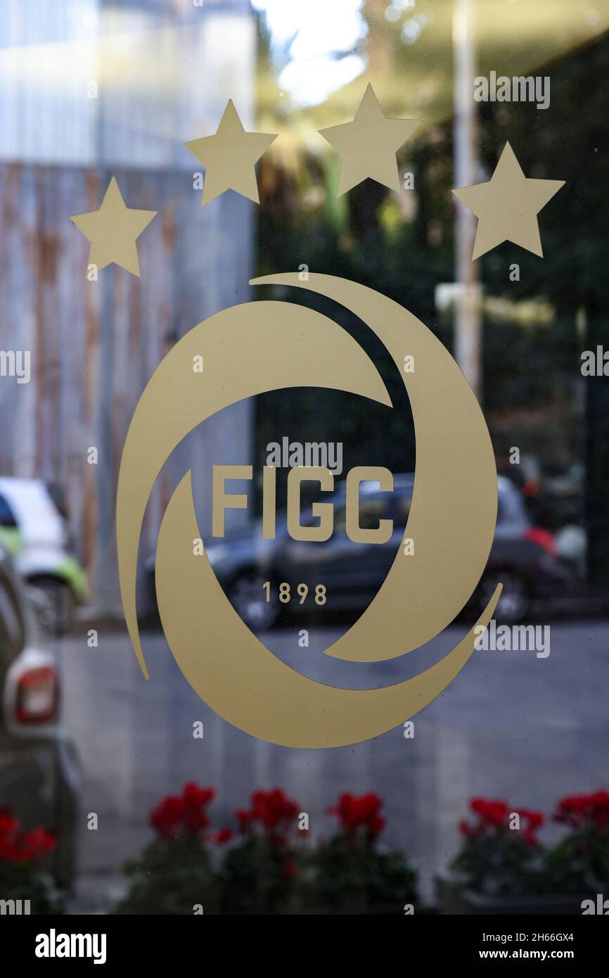 Rome, Italy, 12th November 2021. The FIGC logo is seen on a window of ...