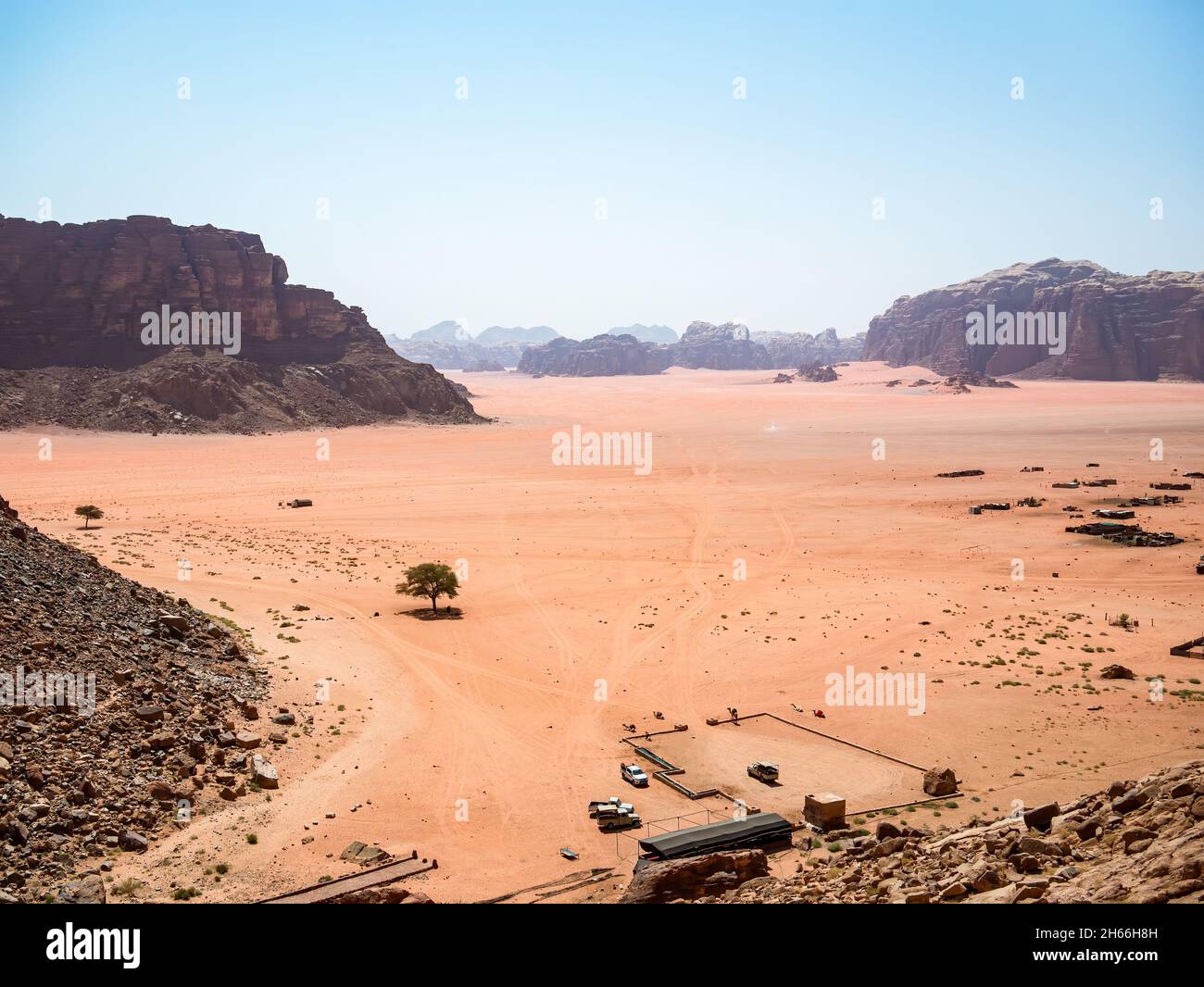 View from Lawrence’s Spring of a lonely tree in the red rocky desert ...