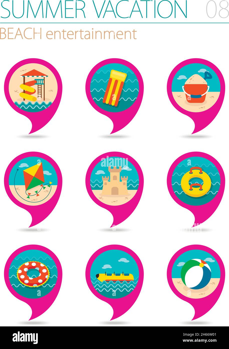 Beach entertainment vector pin map icon set. Summer time Map pointer ...