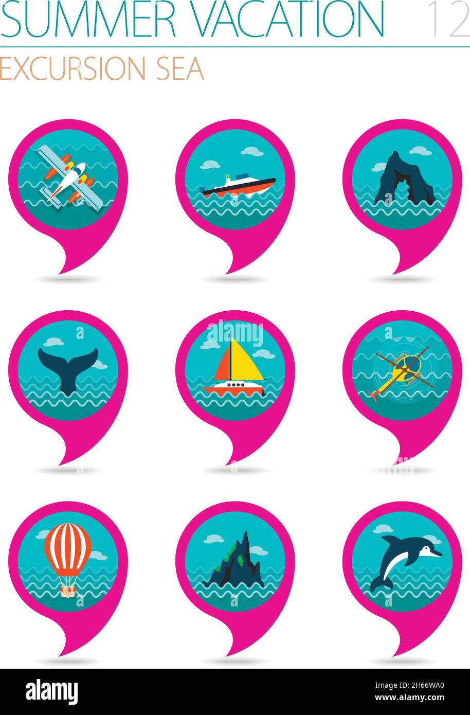 Excursion sea vector pin map icon set. Summer time Map pointer. Map ...