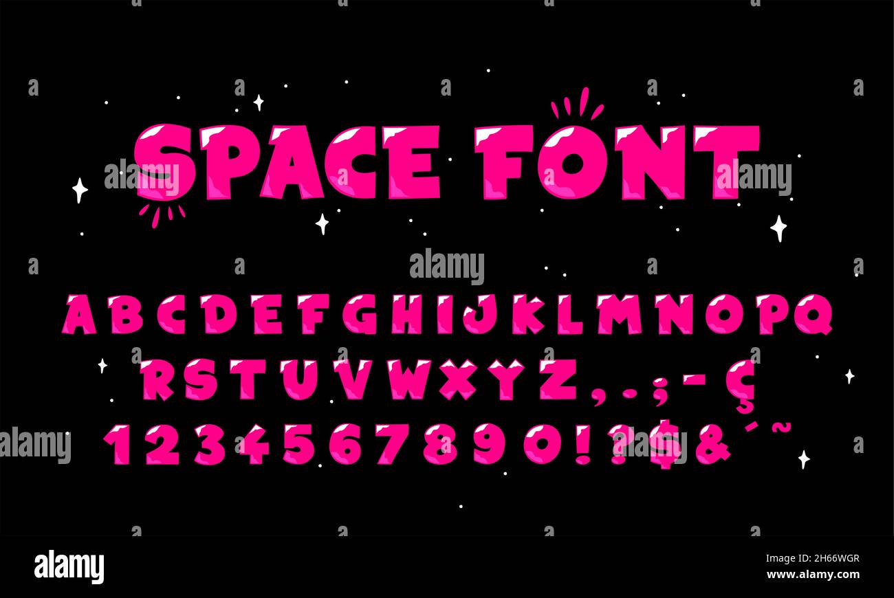 Hand drawn space pink letters. Numbers, math signs, accents, commas ...