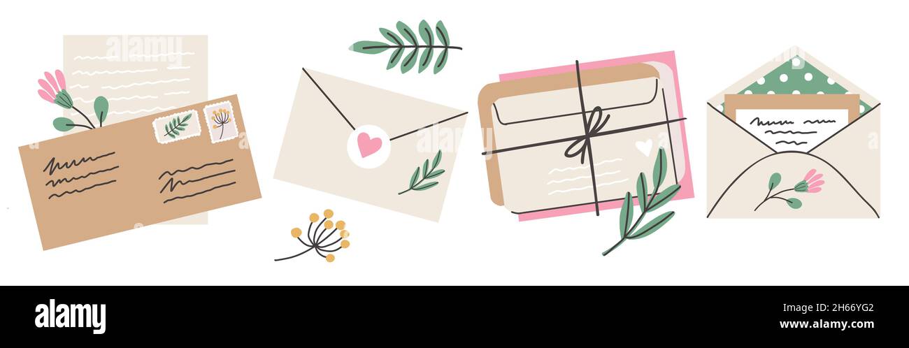 Doodle envelopes. Craft paper letters sealed or opened. Vector letters ...