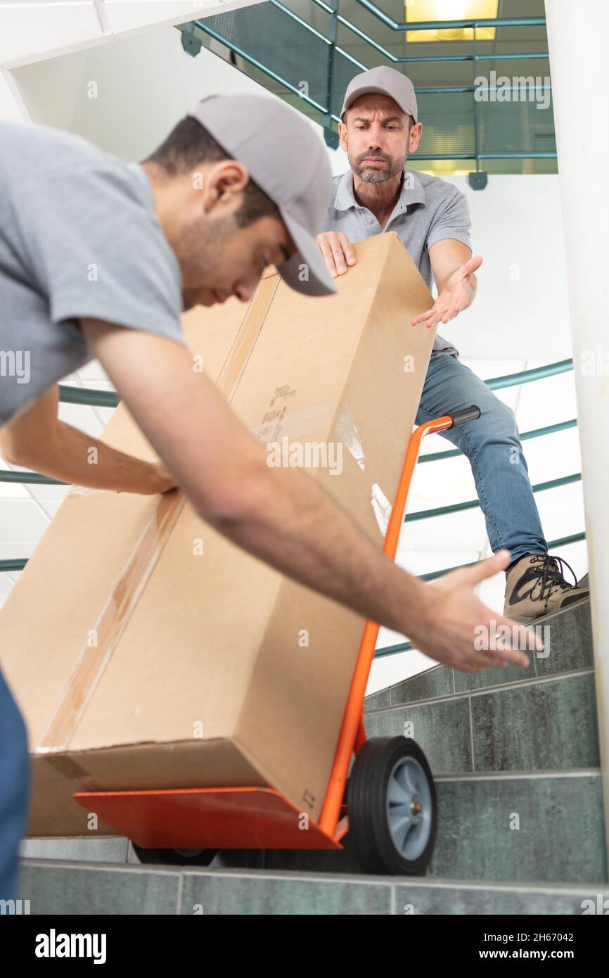 man helping his coworker to carry cardboard box Stock Photo - Alamy
