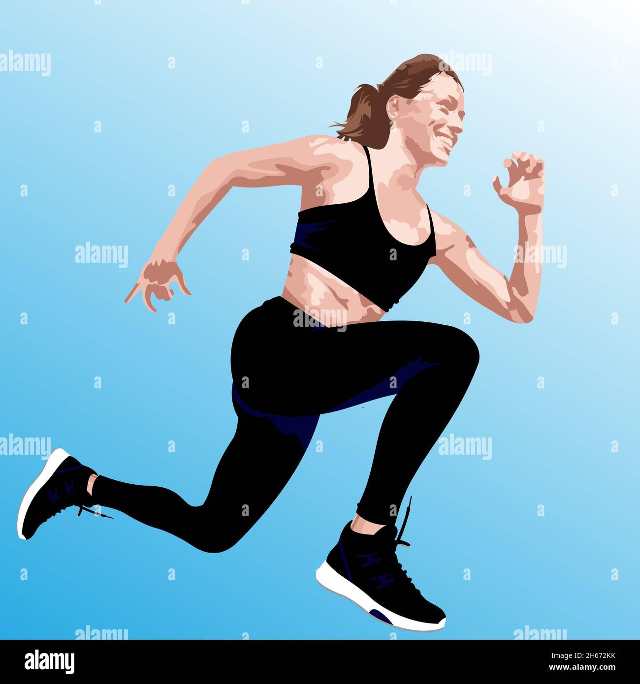 Athletic girl running in black tracksuit ,and she is smiling Stock ...