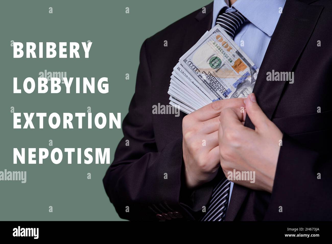 Bribery, lobbying, extortion and nepotism concepts. A man putting pile ...