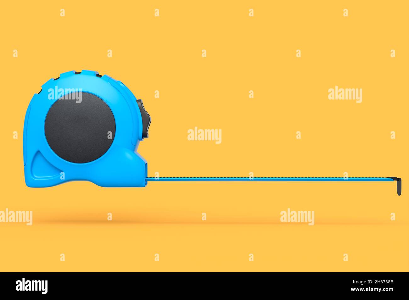 Blue carpenter measuring tape isolated on yellow background with ...