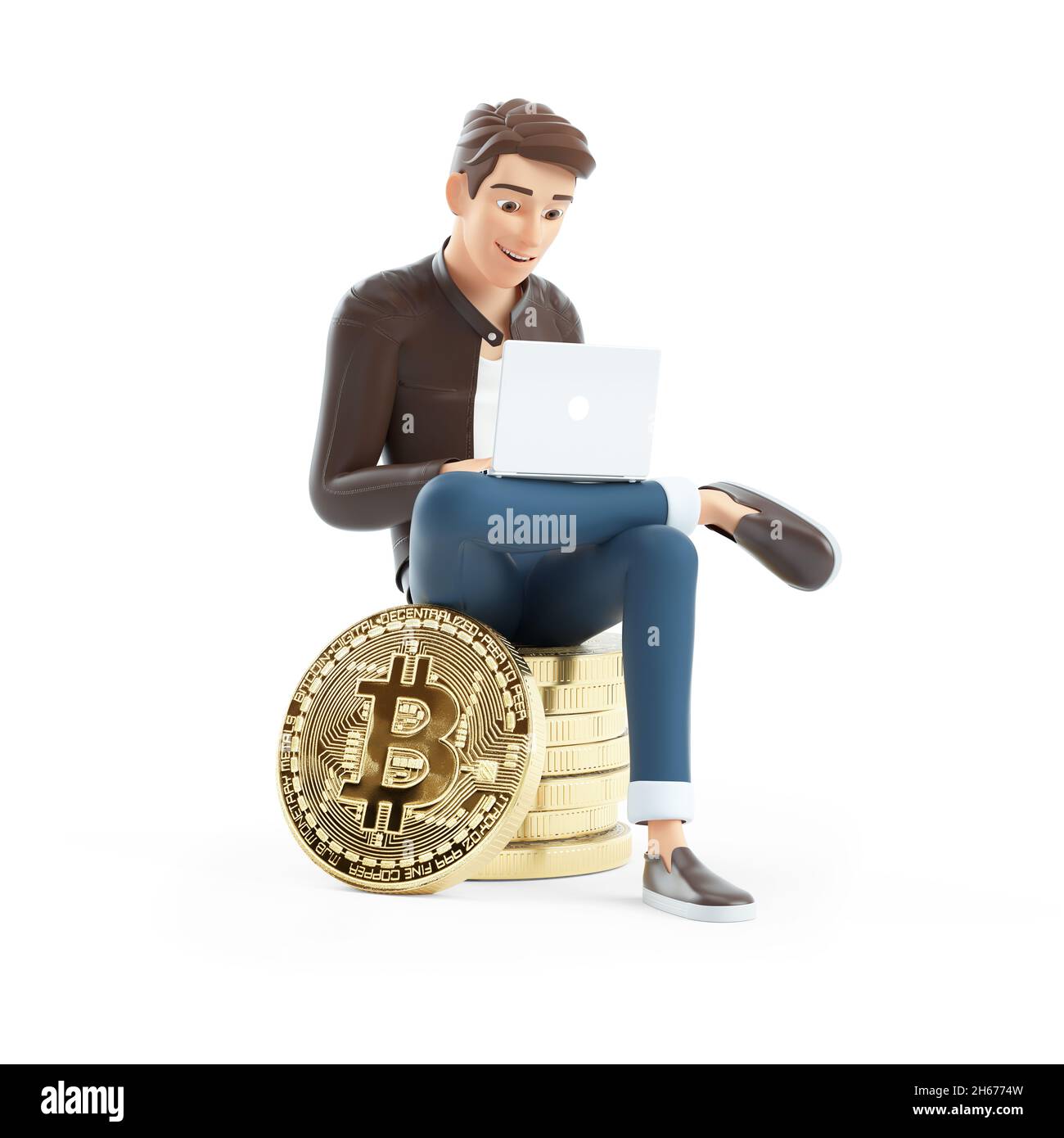 3d cartoon man sitting on pile of bitcoins with laptop, illustration ...