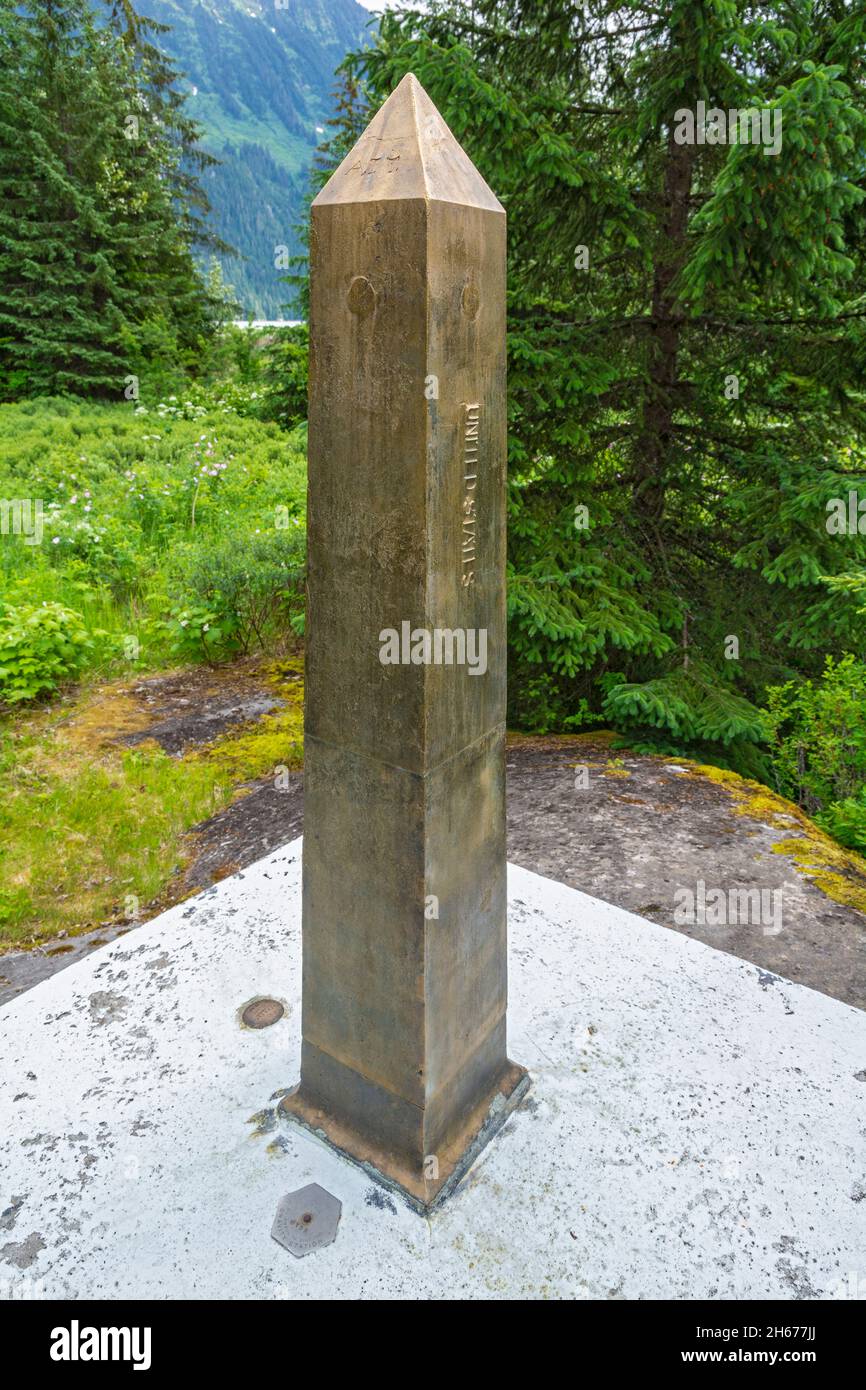 United States, Alaska, Hyder, historic border station, obelisk marks ...