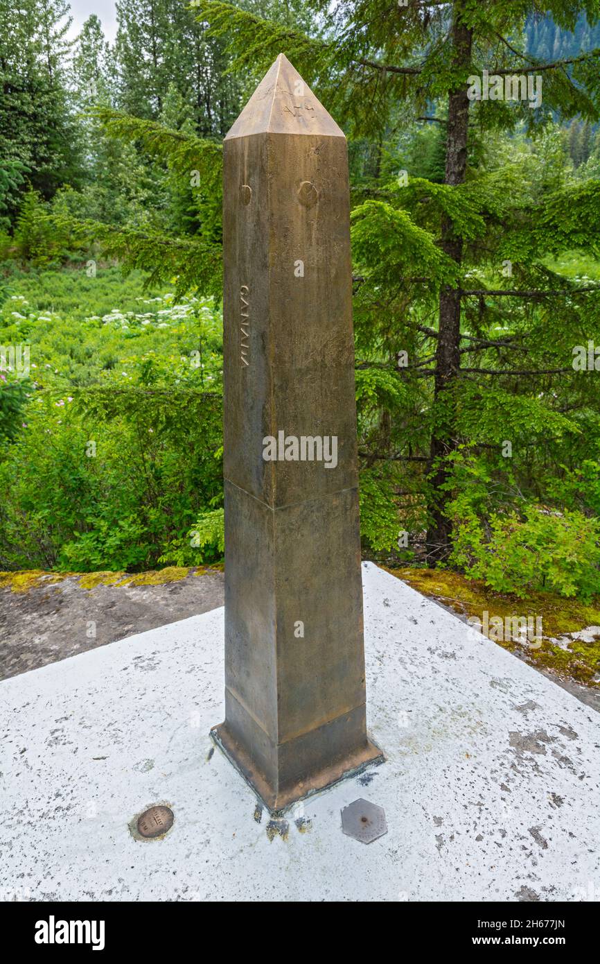 United States, Alaska, Hyder, historic border station, obelisk marks ...