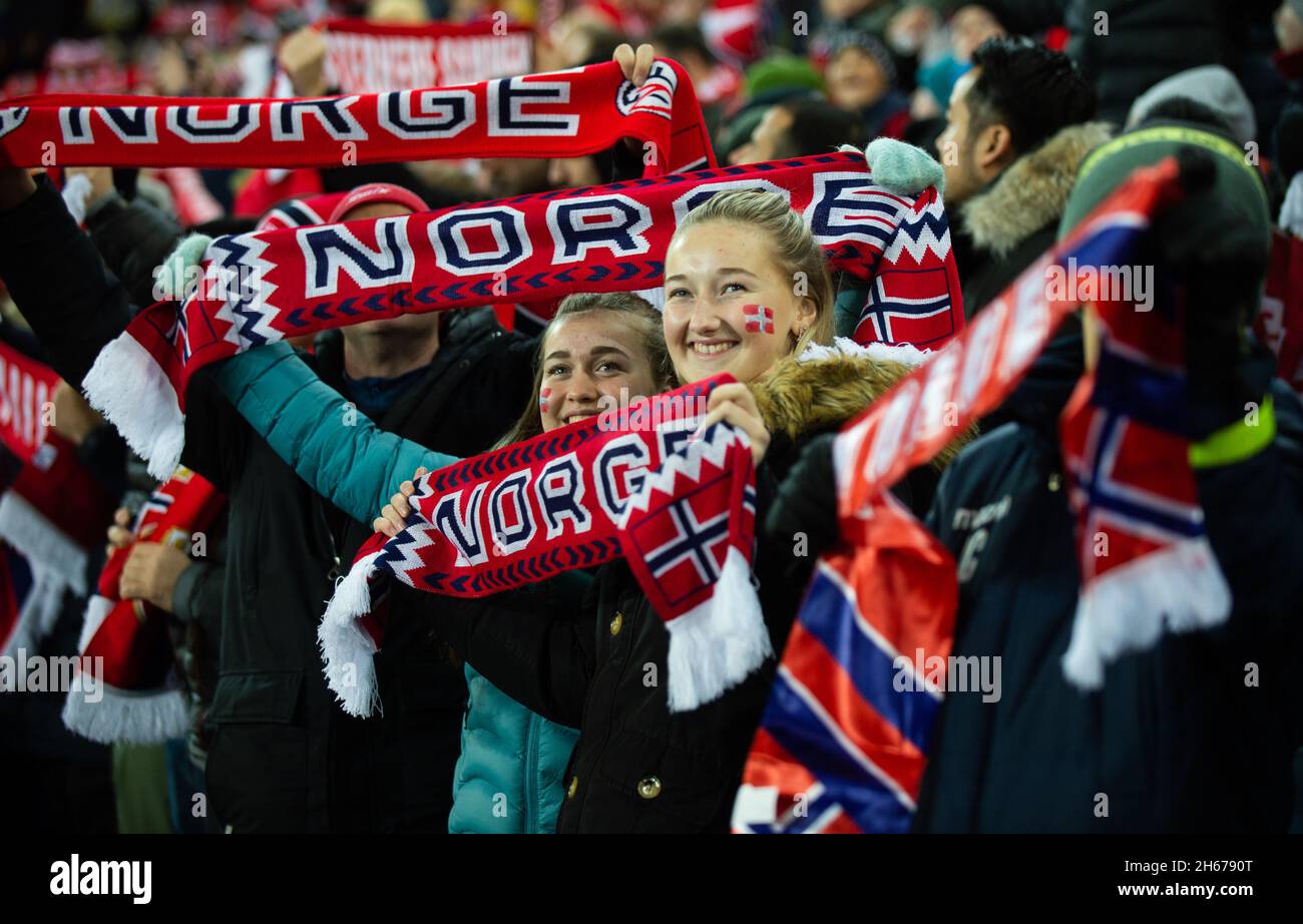 Oslo, Norway. 12th Nov, 2021. Football fans of Norway seen on the ...