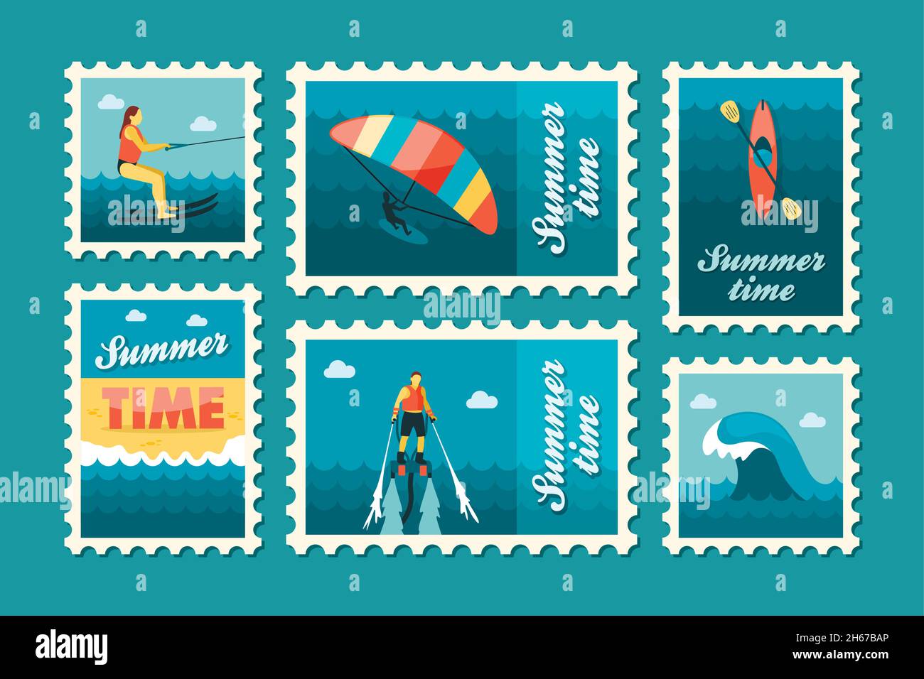 Extreme Water Sport beach vector stamp set. Summer time. Vacation, eps ...