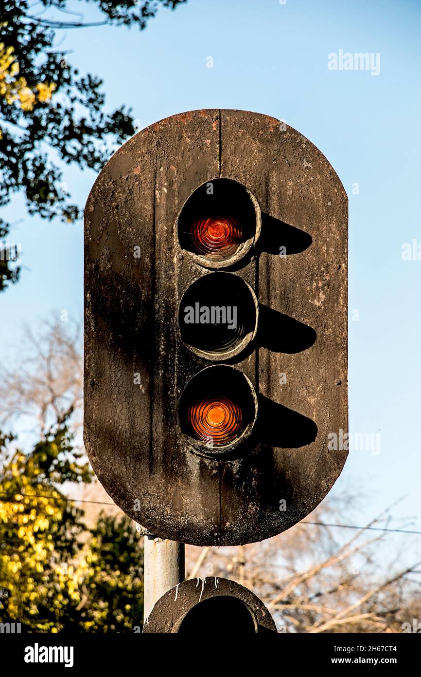 Traffic light shows red signal on railway. Red light Stock Photo - Alamy