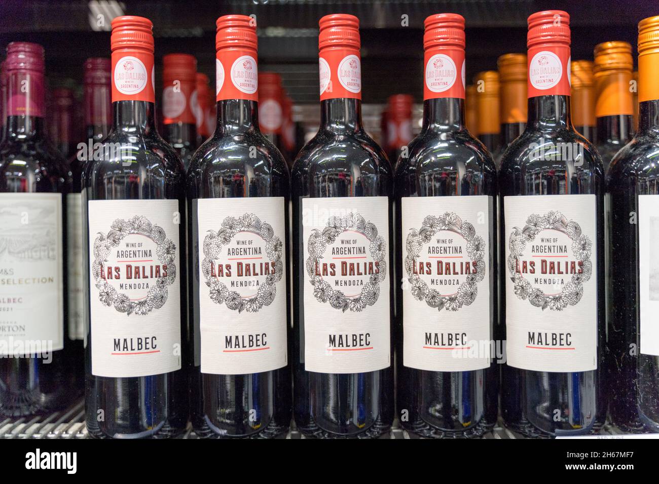 row of LAS DALIAS in wine cabinet England UK Stock Photo - Alamy