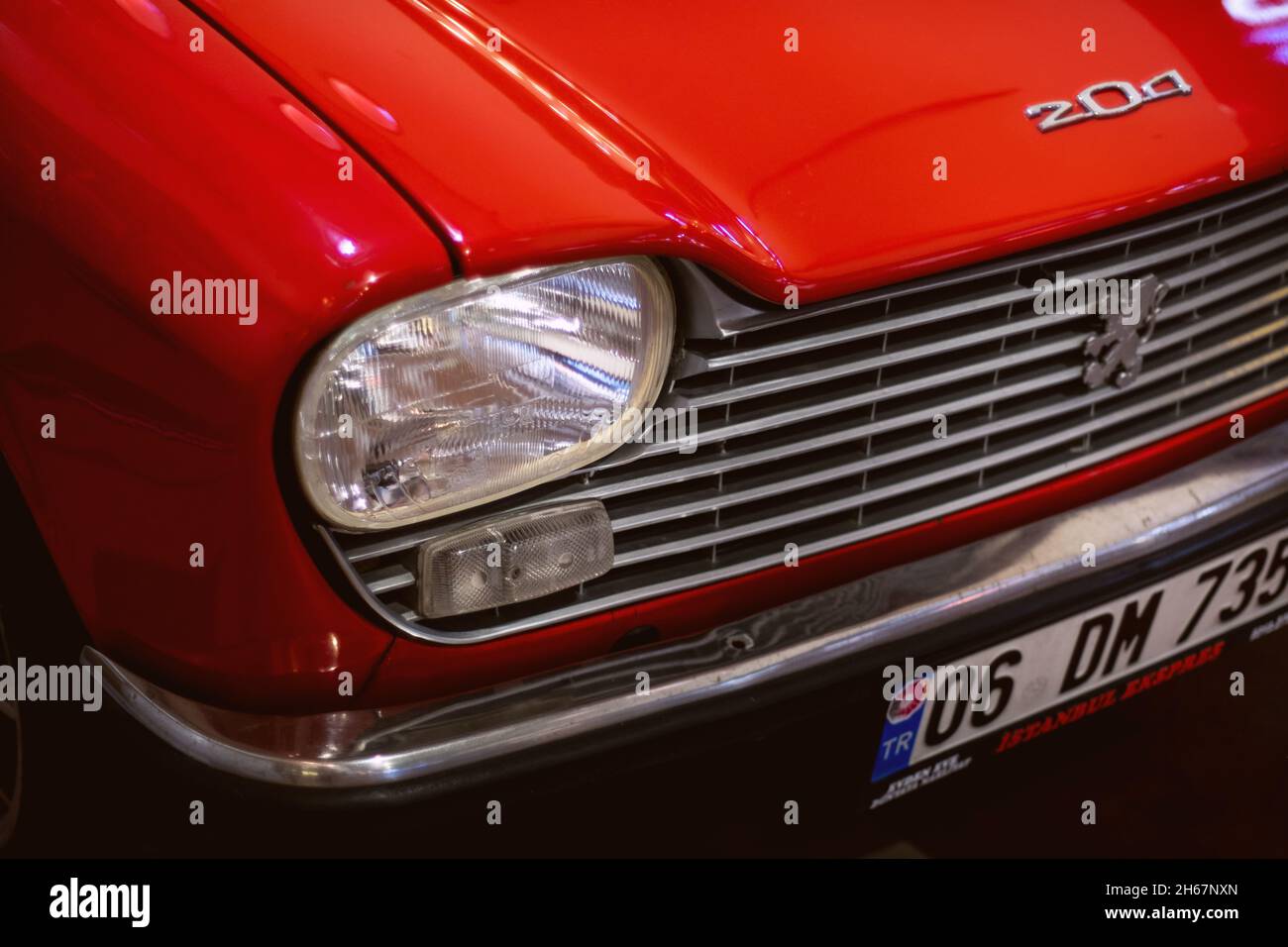 Izmir, Turkey - June 21, 2021: Close up shot of a Peugeot 204 red car ...