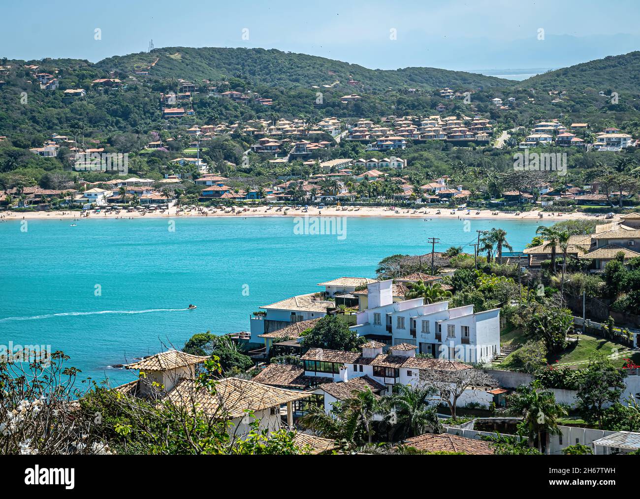 Beautiful panoramic view of the beach, with turquoise blue waters ...
